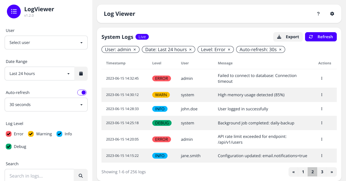 A beautiful log viewer UI with user, date, and refresh time selectors - CodeRocket