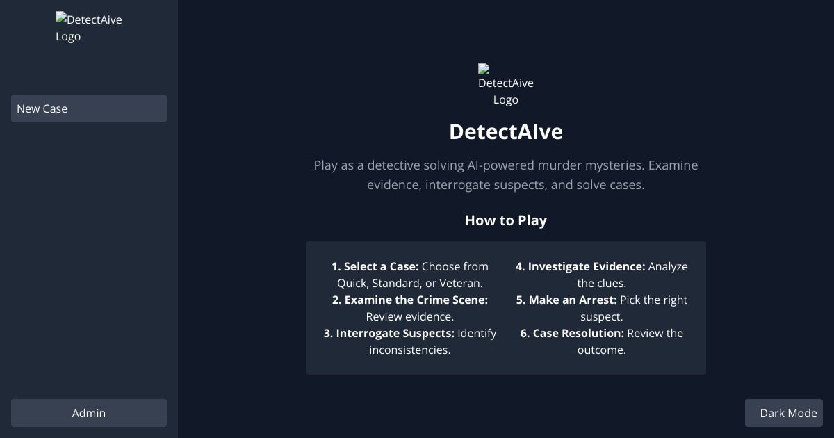 Detective game with centered main content - CodeRocket