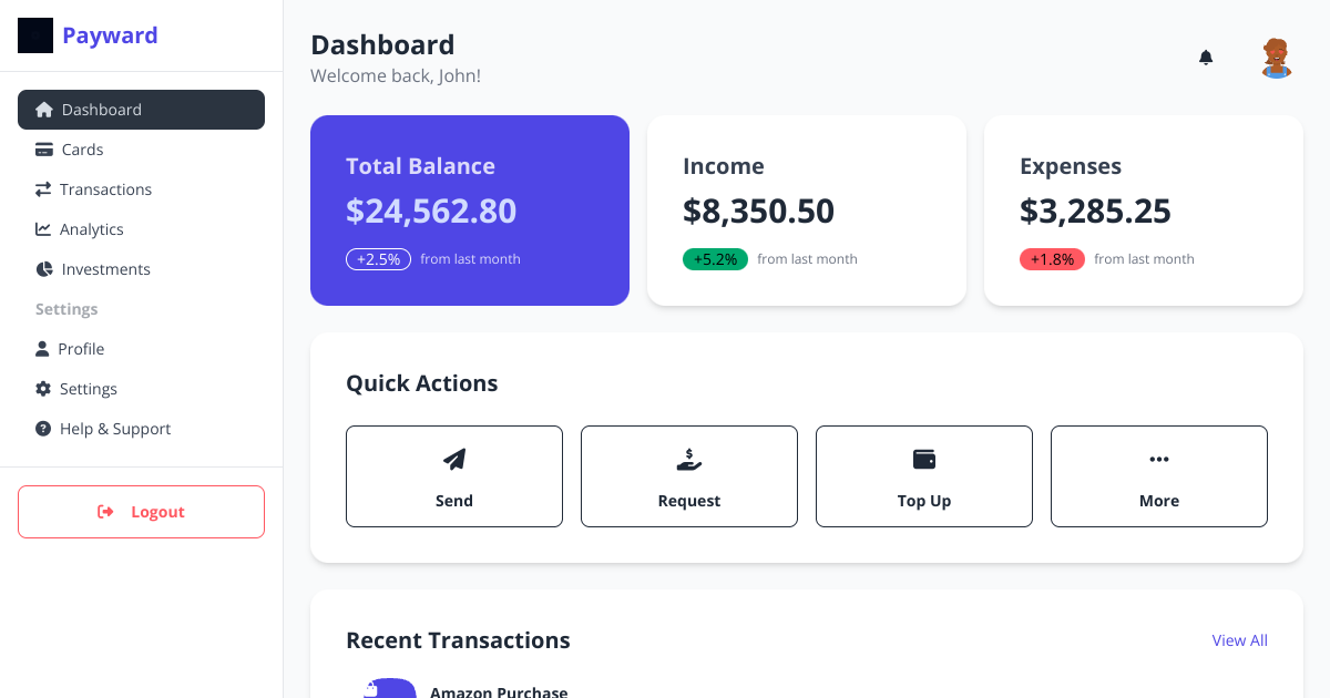 Modern E-Wallet Portfolio Dashboard for Payward - CodeRocket