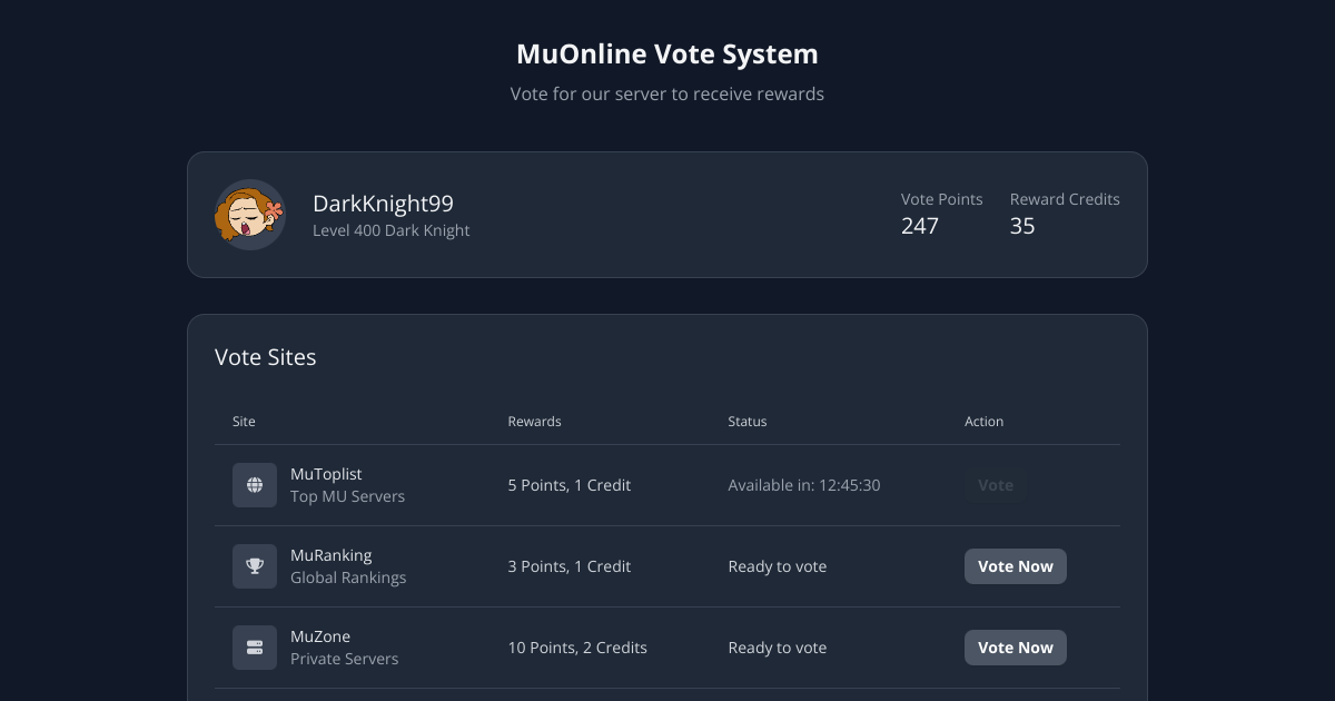MuOnline vote and reward page with dark theme user control panel - CodeRocket